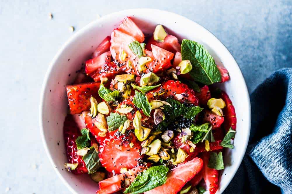 Strawberry Fruit Salad with Mint and Pistachios - Savory Nothings