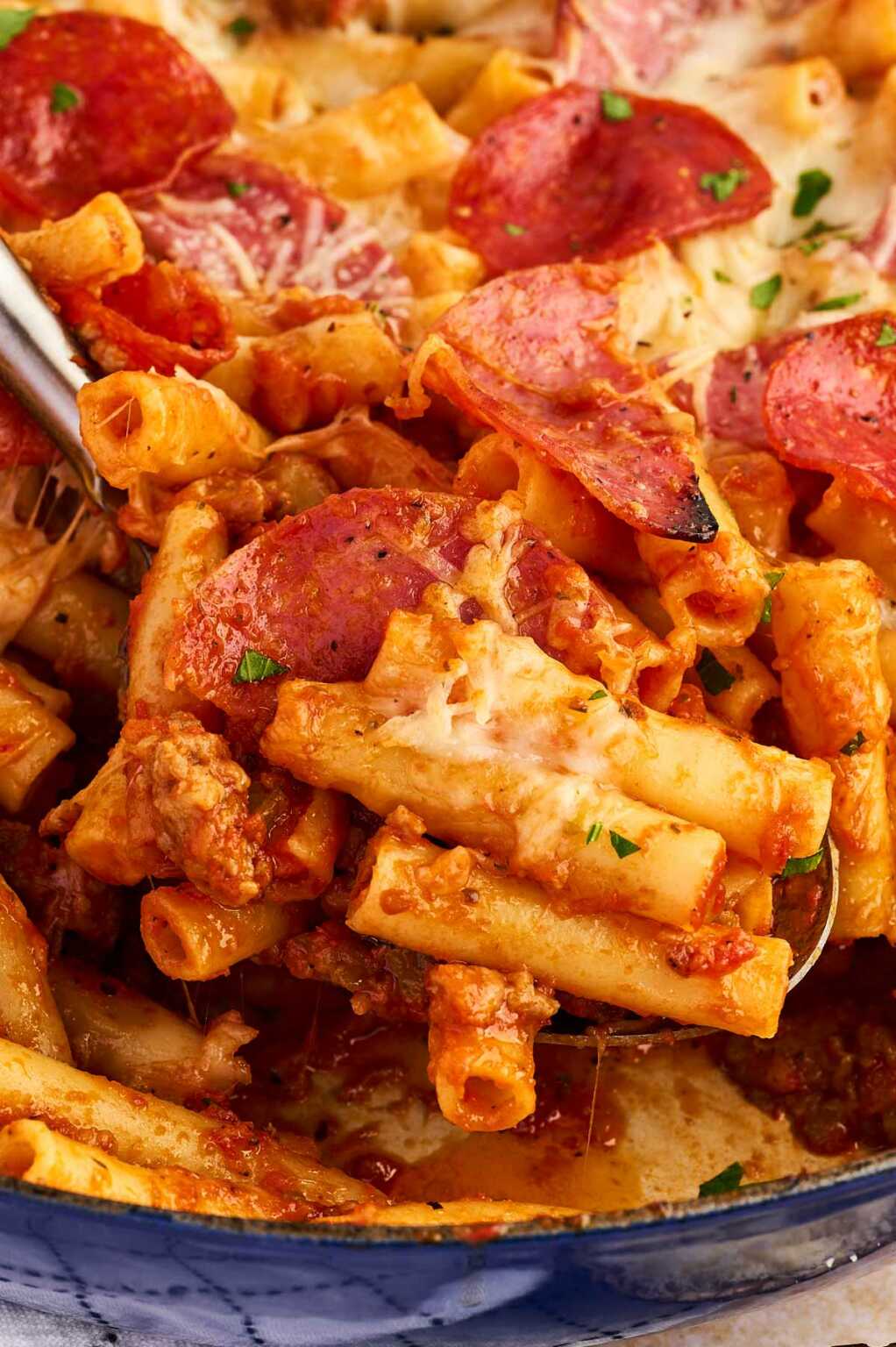 One Pan Pizza Baked Ziti Recipe - Savory Nothings